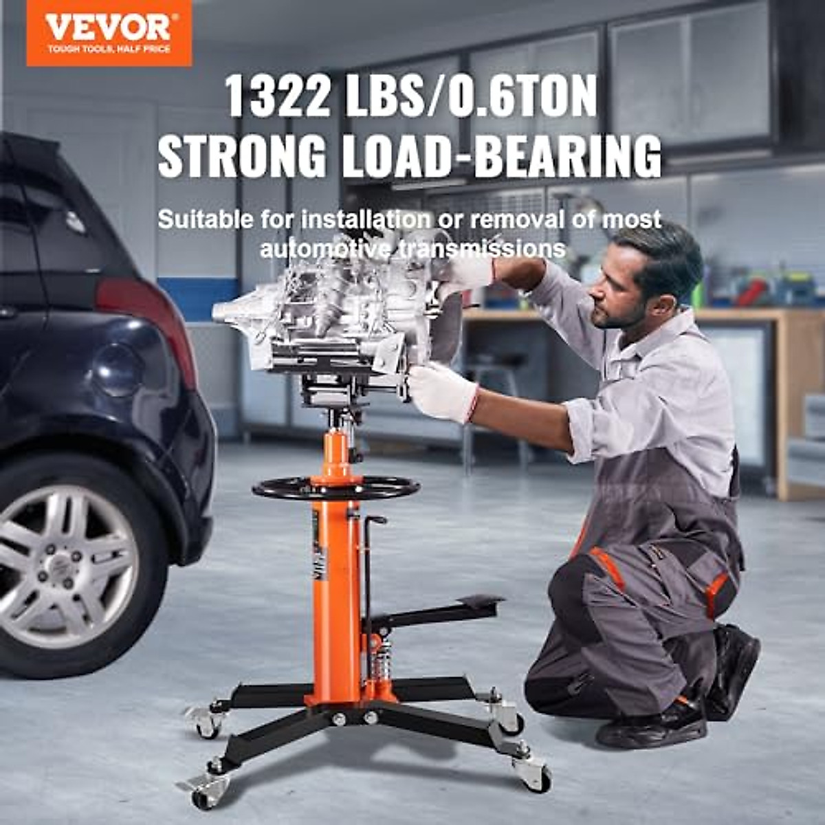 VEVOR Transmission Jack, 1322 LBS Hydraulic Telescoping Transmission Jack, 32"-67" High Lift Transmission Jack Stand with Foot Pedal, 360° Swivel Wheel, Hydraulic Transmission Jack