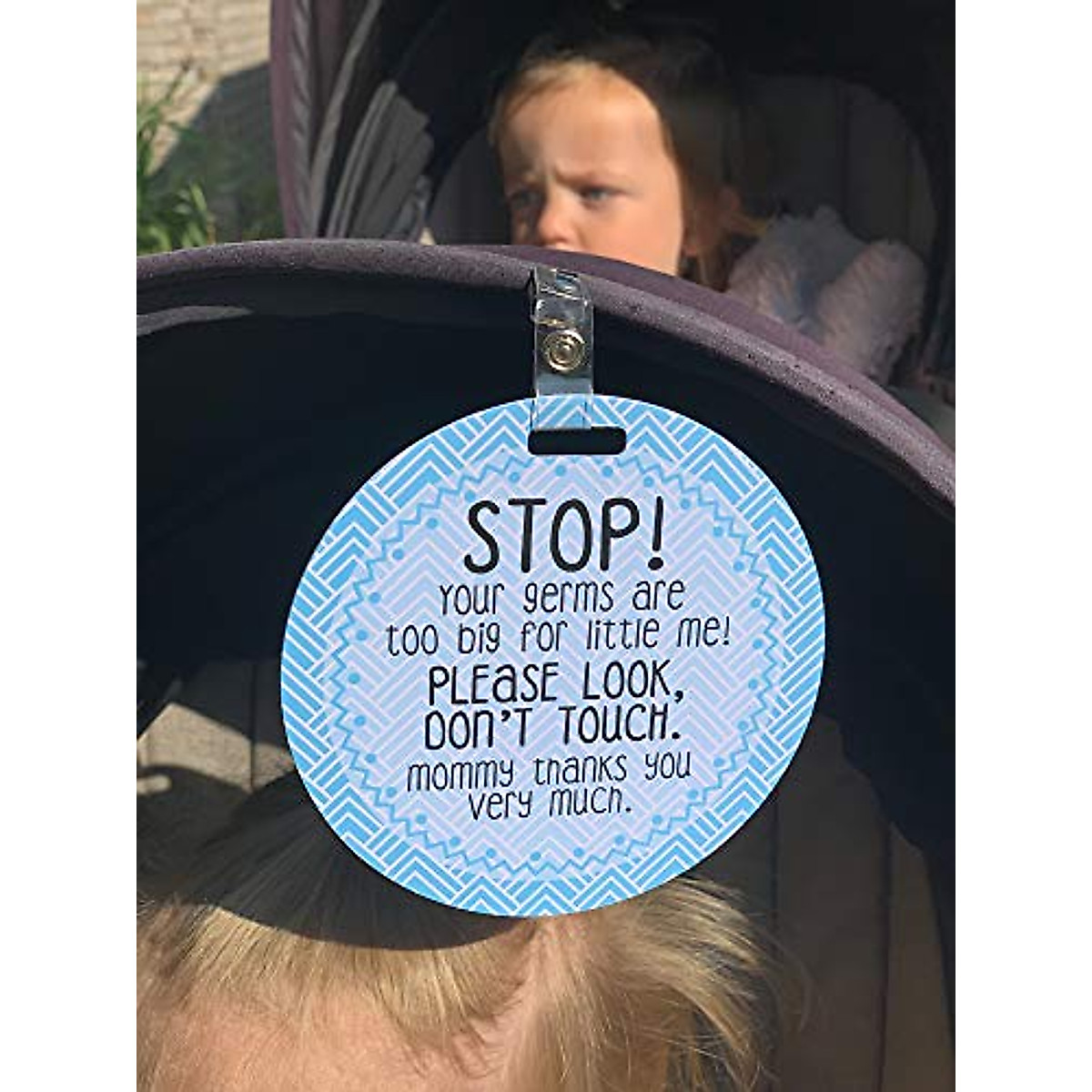 Three Little Tots Two Pack - Blue Boy No Touching Baby Car Seat and Stroller Signs - CPSIA Safety Tested