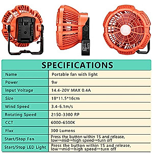 YEX-BUR Portable Camping Fan for Black & Decker, Rechargeable Personal Desk Tent Fan with Foldable Hook,Remote Control 4H Timer for Black & Decker 20V Li-ion Battery Cordless Fan for Camping, Office, Travel