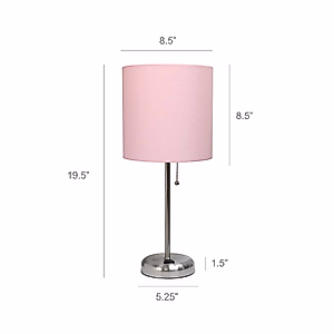 Simple Designs LT2024-LPK Brushed Steel Stick Table Desk Lamp with Charging Outlet and Drum Fabric Shade, Light Pink