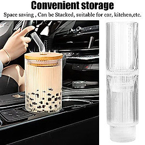 Rantonly 4Pack Ribbed Glass Cups 16oz with Bamboo Lids and Straws, Drinking Glasses Tumbler Cups-Reusable, Vintage Glass Cups, Elegant Ribbed Glassware for Beer Smoothie Whiskey