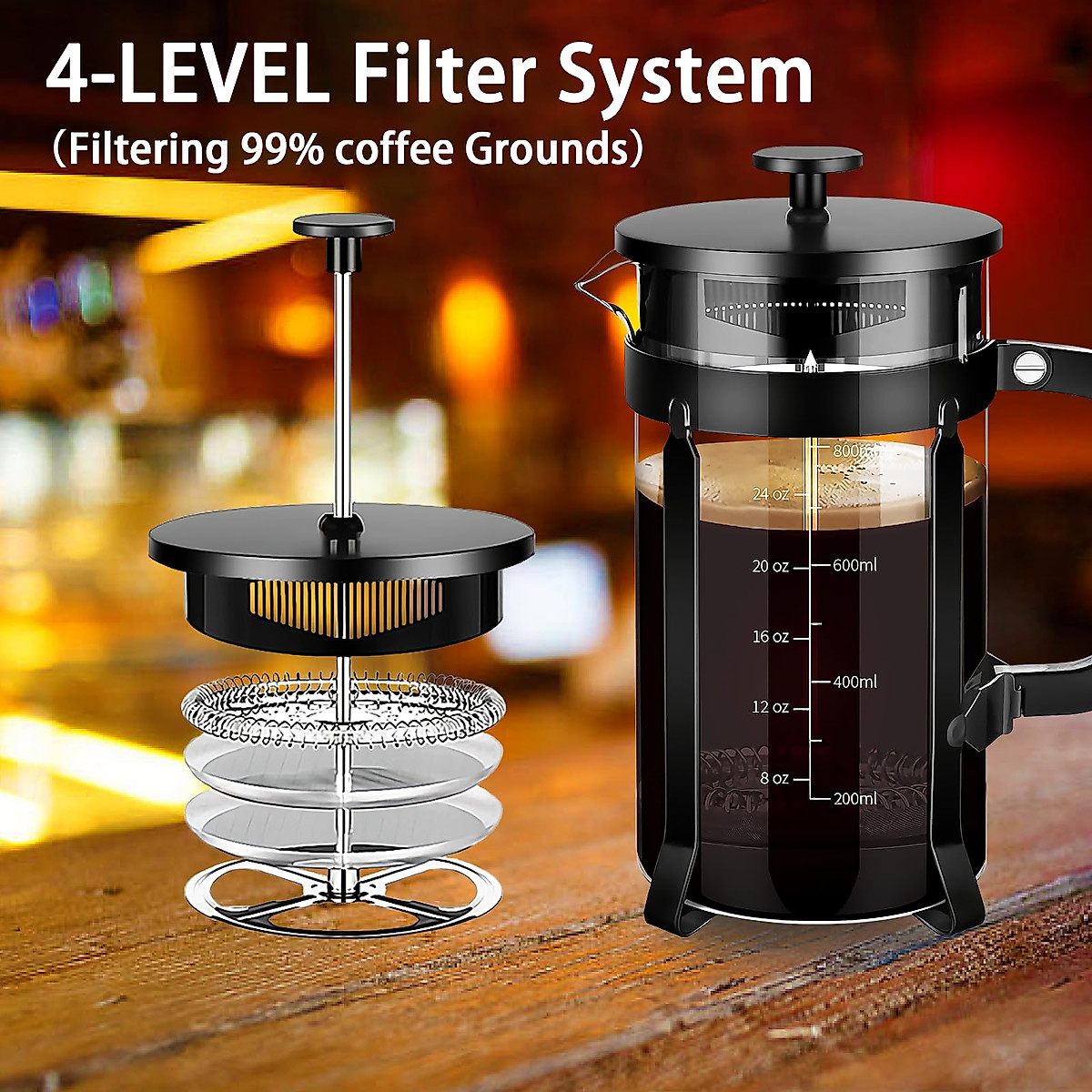 YMMIND French Press Coffee Maker 34oz 304 Stainless Steel Coffee Press,with 4 Filters System, Heat Resistant Thickness Borosilicate French Press Glass, BPA-Free Brewed Tea Pot Coffee Plunger