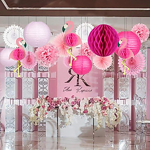 Tropical Party Decorations Pink Flamingo Party Supplies Pom Poms Paper Flowers Tissue Paper Fan Paper Lanterns for Hawaiian Summer Beach Luau Party