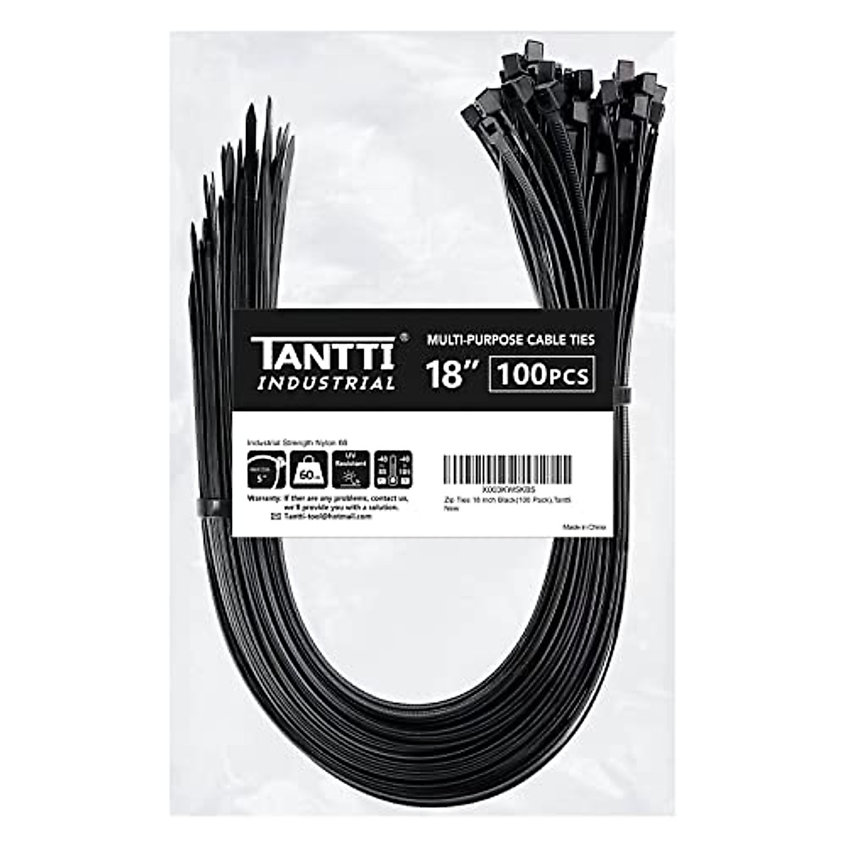 Zip Ties 18 inch (100 Pack), Black, 60lb Tensile Strength, UV Resistant Cable Ties for indoor and outdoor use, by Tantti Supply