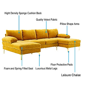 Pvillez Modern Sectional Sofa with Double Chaise Large Convertible Couches Chenille U-Shape Couch with Rolled Arms and Golden Legs Oversize Yellow Sofa for Living Room Comfortable Modular Sofa