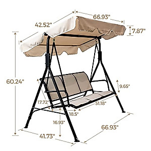 3-Seat Outdoor Porch Swing Loveseat with Adjustable Canopy and Steel Frame, Cushions and Pillow Included, Patio Seater