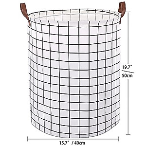 [2 Pack] Collapsible Laundry Basket, Large Round Waterproof Laundry Hamper, Foldable Storage Organizer with Leather Handles for Dirty Clothes (White Plaid)