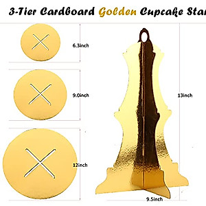 3-Tiered Cardboard Cupcake Stand,Golden Cupcake Stands, Party Cake Stand Tray, Easy Assemble Dessert Holder Paper Cupcake Stands for Party, Wedding, Afternoon Tea, Birthday (Set of 3)