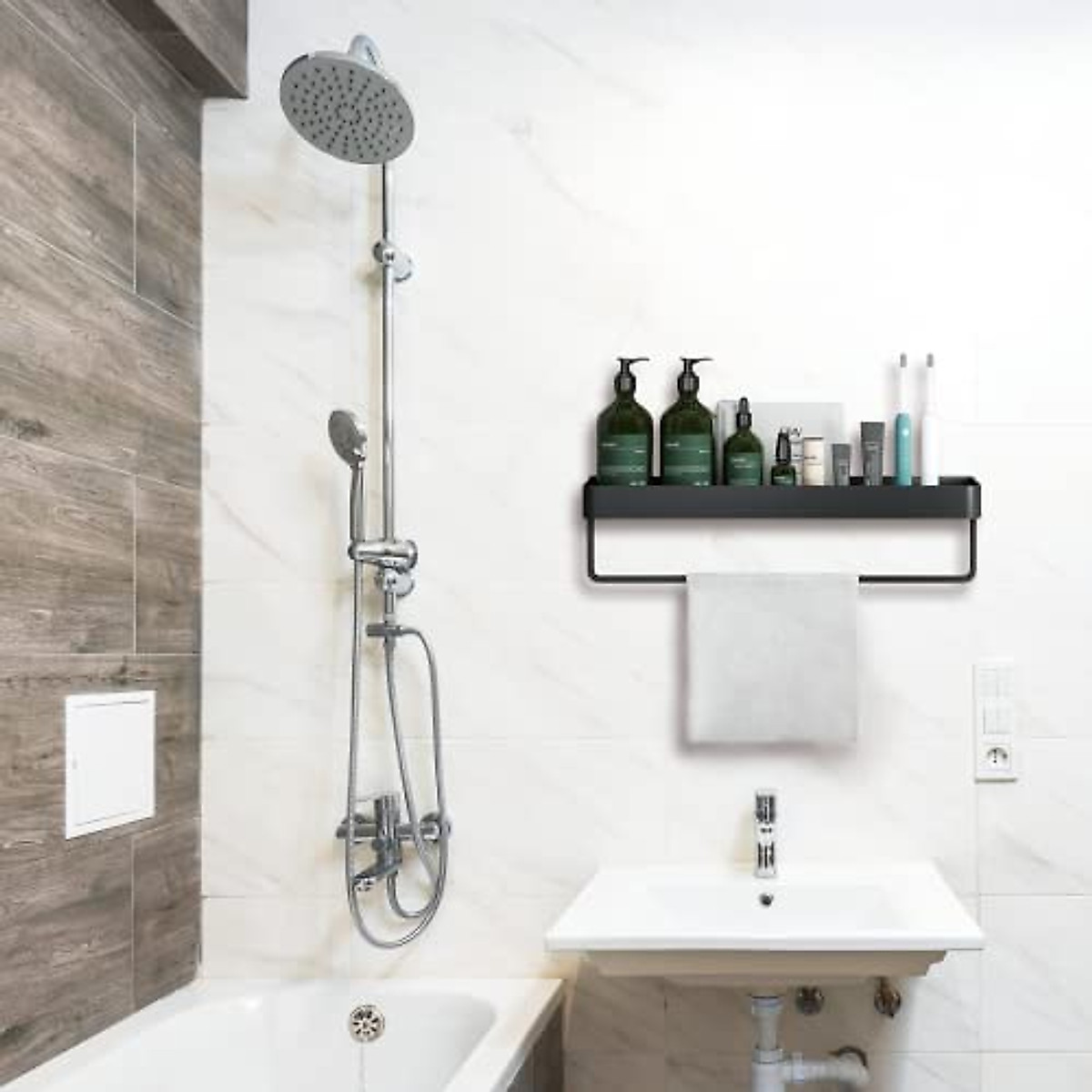 Fippkargo Bathroom Shelf with Towel Bar, Wall Mounted Shower Storage Organizer Holder Rack, Floating Shelf for Bathroom,Kitchen,Toilet 15.7" (Black)