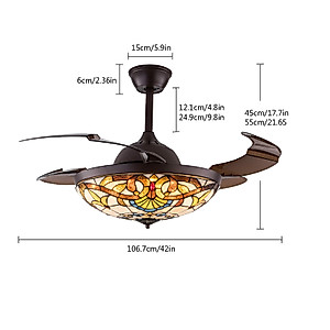Sindipanda 42" Tiffany Ceiling Fan,Retractable Blade LED Chandelier Fan,Vintage Stained Glass Chandelier w/Remote,for Dining Room Bedroom Living Room