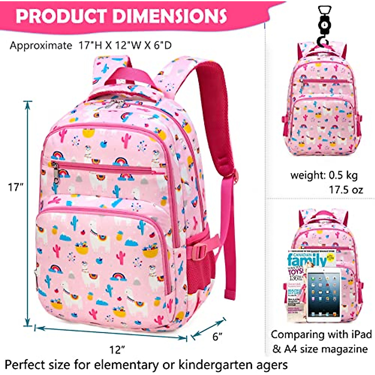 BLUEFAIRY Llama Toddler Backpack Kindergarten Preschool Backpack Cute Bag for Kids Fruits Cactus Bookbags Lightweight Carry Bag for Girls Animals Alpaca Gifts 2-4 3-5