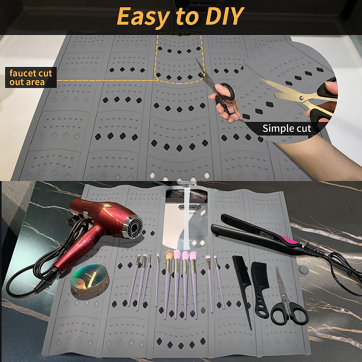 Mofason Bathroom Sink Top Cover Space Saver,Silicone Makeup Organizer Mat for Over Countertop,Small Bathroom Must Haves Accessories Rv Camper Travel Foldable Gadgets-Grey