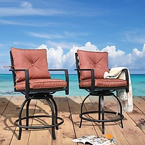 LOKATSE HOME 2 Pieces Outdoor Swivel Chair Set Patio Bar Bistro Furniture Metal Height Stools with Cushion, Red