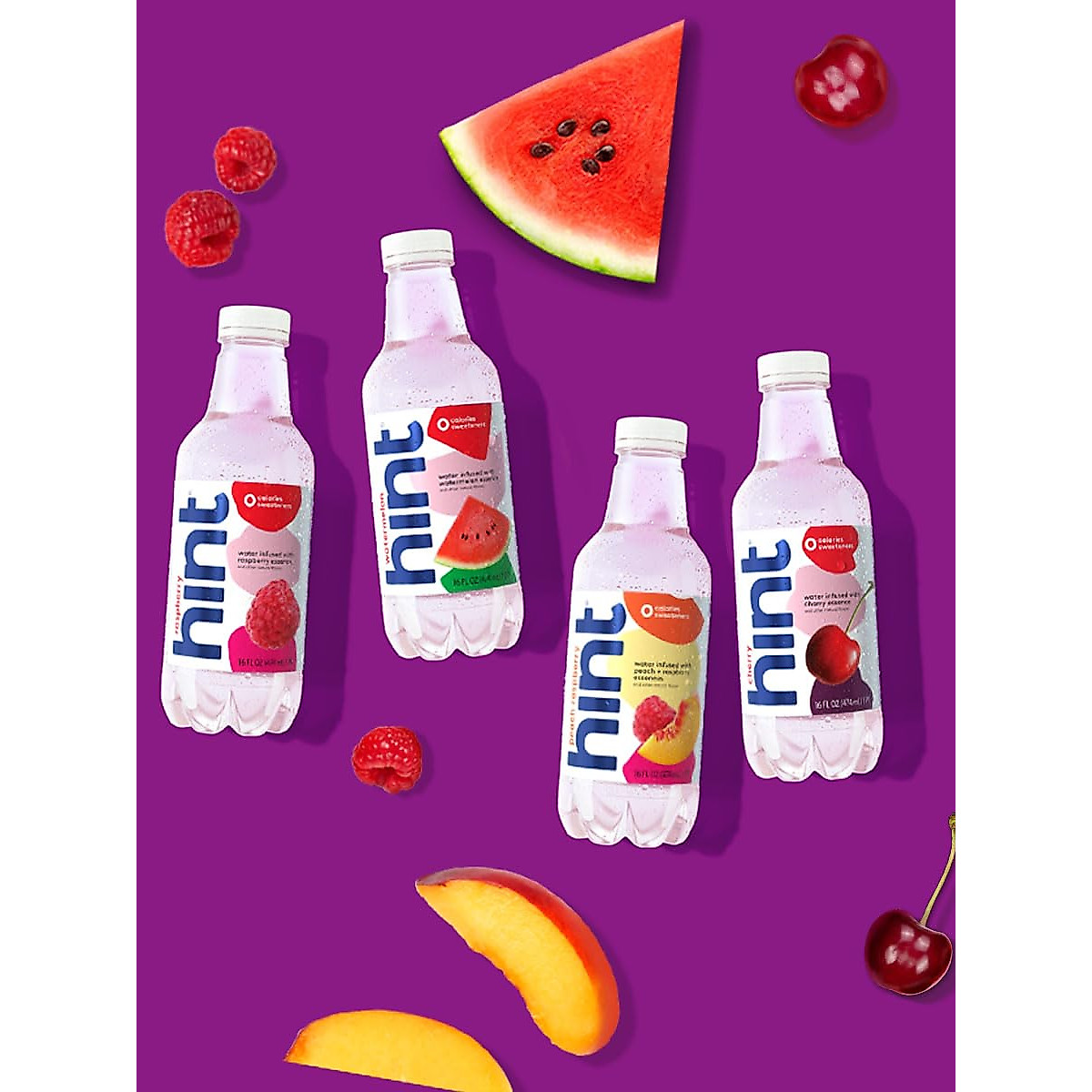Hint Water Purple Variety Pack (Pack of 12), 16 Ounce Bottles, 3 Bottles Each of: Raspberry, Watermelon, Cherry, and Peach, Zero Calories, Zero Sugar and Zero Sweeteners
