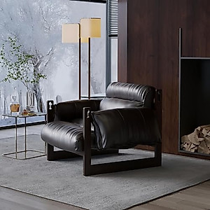 Oversized Accent Chair, Down-Filled Upholstered Armchair, Mid Century Oil Wax Leather Wood Legs, Adjustable Comfy Singel Sofa, Lazy Lounge Chair 33.5'' W for Living Room, Bedroom, Office, Dark Brown