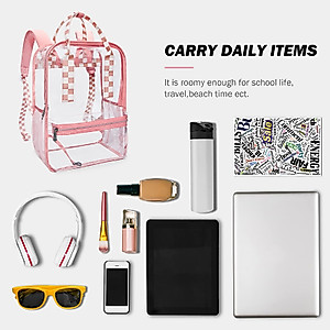 mommore Heavy Duty Clear Backpack Durable See Through Bookbags for Work (Pink Plaid, Large)