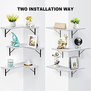 LIVOWALNY Corner Shelf Floating Shelves Corner Wall Mounted Set of 3, Rustic Wood Wall Shelves for Bedroom, Living Room, Bathroom, Kitchen, Office, White Finish