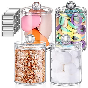 4 Pack Q Tip Holder, Apothecary Jars with Lids, 10 oz Acrylic Qtip Holder Bathroom Set, Cotton Ball Holder, Cotton Swab Holder, Cotton Round Pads Holder Qtip Dispenser Bathroom Jars