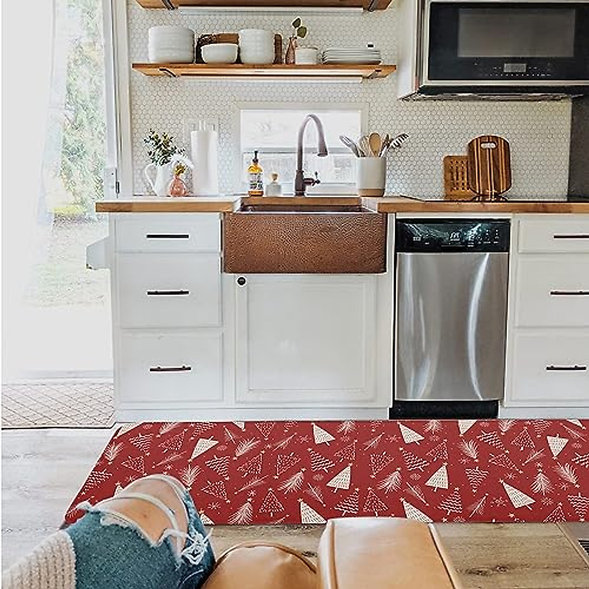 Libaoge Christmas Kitchen Mat Rug 1 PCS Xmas Tree Red Background Runner Rug Anti-Fatigue Comfort Memory Foam Standing Mat Non-Slip Floor Door Mat for Bathroom Bedroom 18x47in