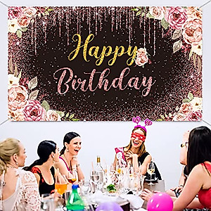 Happy Birthday Backdrop Decorations for Women Background Party Supplies Rose Backdrop Photography for Girls Boys Floral Glitters Banner Wedding Baby Shower Decor (Black)