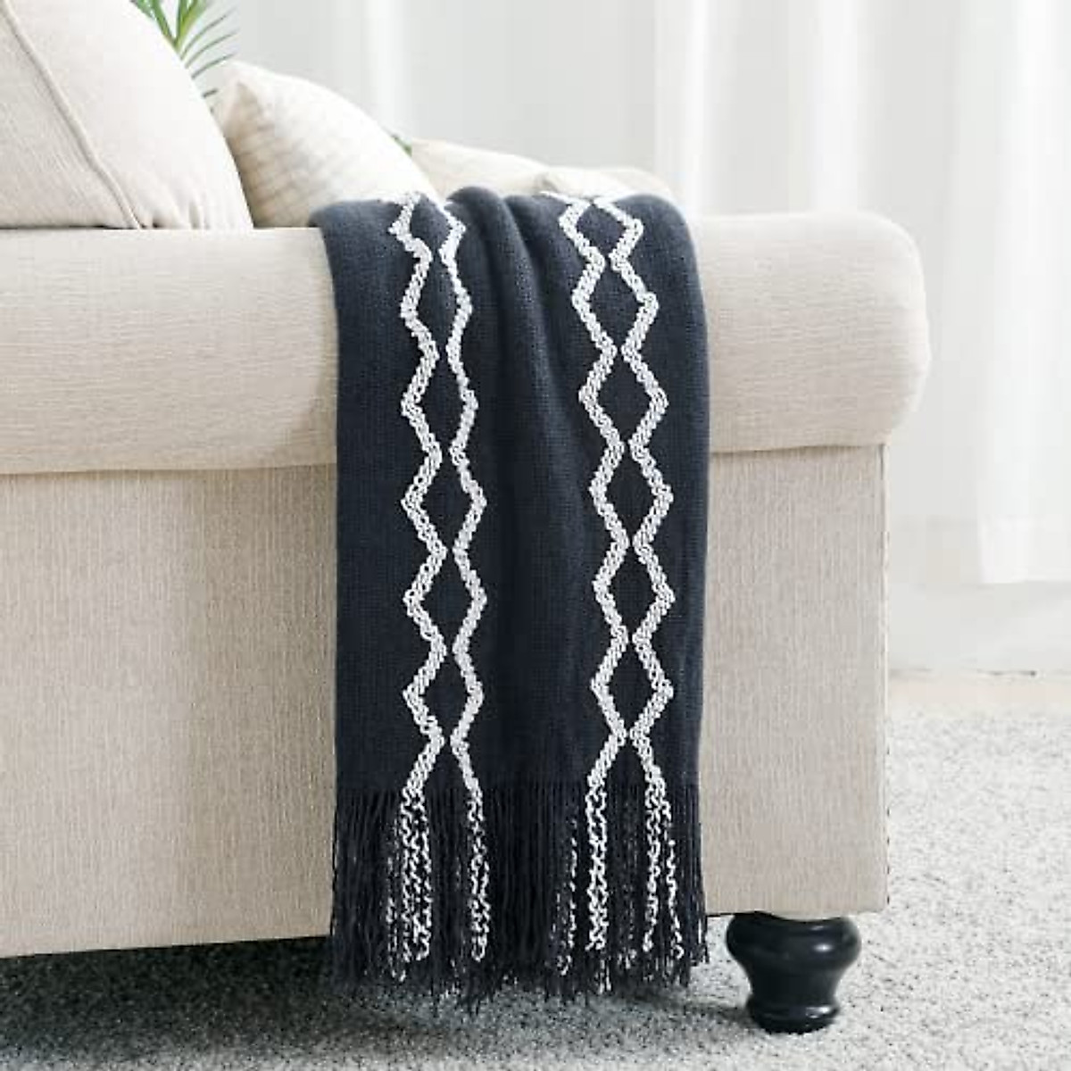 BOURINA Fluffy Chenille Knitted Fringe Throw Blanket Lightweight Soft Cozy for Bed Sofa Chair Throw Blankets, Navy 50" x 60"