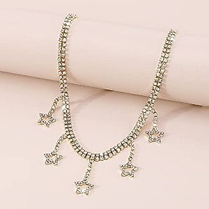 Chargances Sparkly Rhinestone Star Pendant Choker Gold Statement Crystal Necklace Dainty Star Jewerly for Women and Girls (Gold)