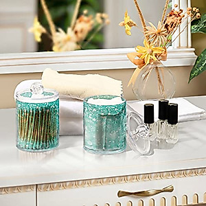 Turquoise Aqua Glitter Qtip Holder Dispenser Teal Cyan Water Bathroom Canister Storage Organization 4 Pack Clear Plastic Apothecary Jars with Lids Vanity Makeup Organizer For Cotton Ball Swab Floss