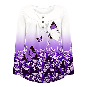 Camisetas de Manga Larga Top para Mujer Camiseta plisada de Cuello Redondo Blusa Jersey Sudadera Túnica Tanque Shirt,Z3-Purple,Large