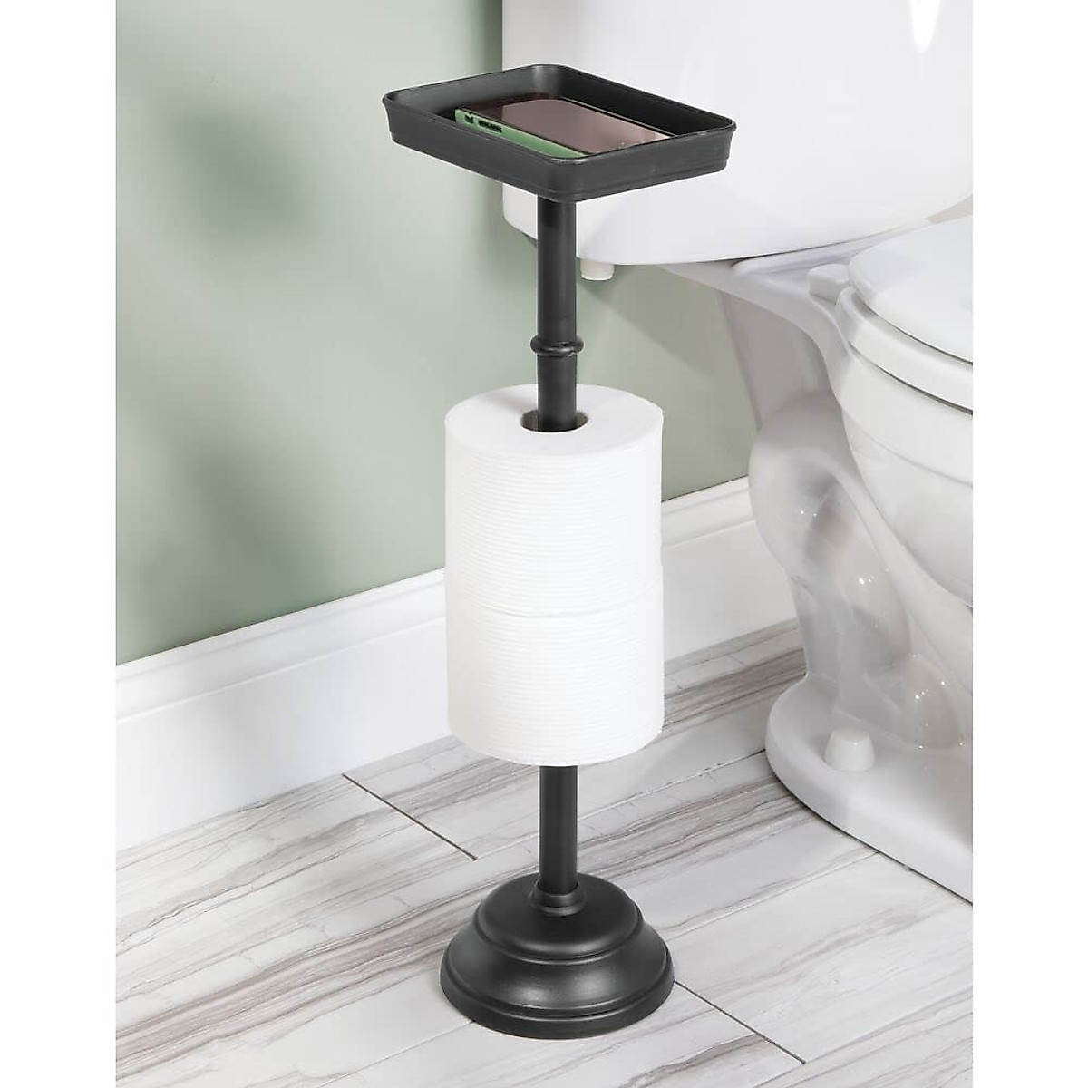 mDesign Modern Plastic Freestanding Storage Tray Stand, Pedestal with Storage Capacity for 2 Rolls of Extra Reserve Toilet Paper - Top Tray for Cell Phone, Book, Spray - Bathroom Organization - Black