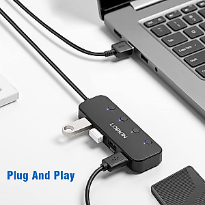 USB Splitter for Laptop LOBKIN 4-Port USB Hub 3.0 with Separate ON Off Swich Slim Multiple Port Expander for Keyboard and Mouse Flash Drive Mobile HDD PC Mac