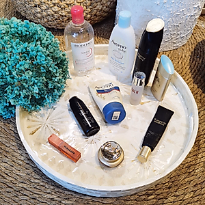 i-lan 18inch Mother of Pearl Decorative Round Kitchen Table Serving Trays- Décor White Mother of Pearl Inlay Coffee Table Tray with Handles for Display,Food, Catering, Catchall, XXL