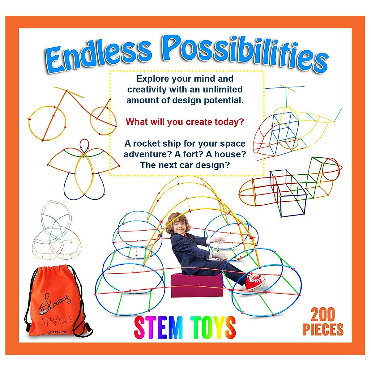 Skoolzy STEM Toys Connecting Straws Building 200 Piece Kit - Tinker Toys Fine Motor Skills Interlocking Engineering Builder Set Preschool Activity Building Toys Ages 3+ Includes Bag and eBook