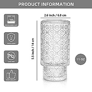 Glass Cups Vintage Glassware | Set of 4 Large, Embossed Stackable Pattern Style Transparent Cocktail Glasses Set, Ice Coffee Cup Juice Drinkware, Clear, 310ml (L)