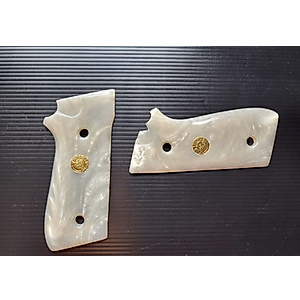 BMPL New Grips Compatible with Taurus Pt-92, Pt-99, Pt100, Pt101 Decocker, Smooth White Pearl Resin Polyester,Gold Medallion, Thai Handmade
