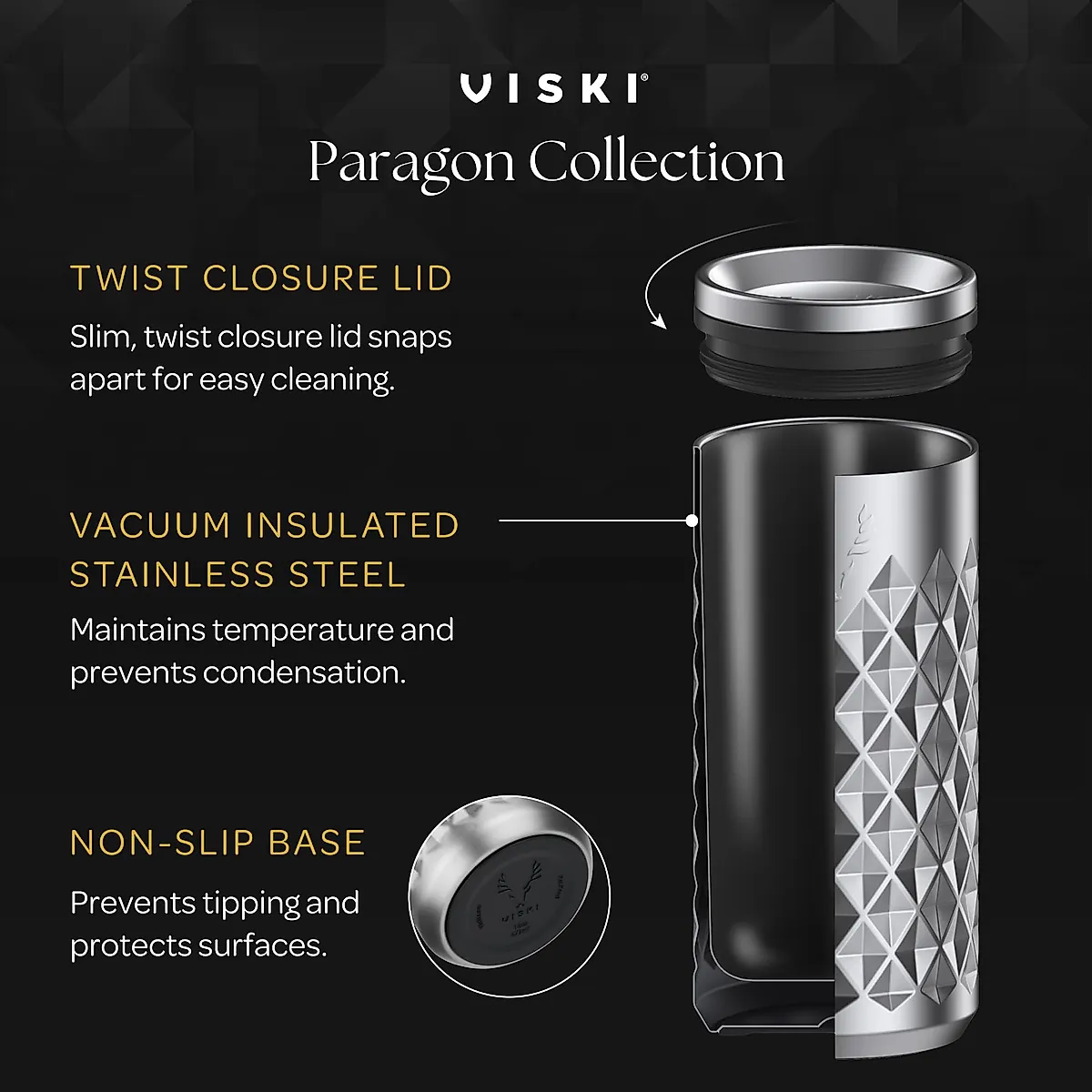 Viski Paragon Cocktail Tumbler Insulated Cocktail Cups, Insulated Rocks Tumbler Stainless Steel Whiskey Glasses with Ceramic Coating Gold 12oz Set of 1