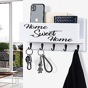 Wooden Key and Mail Holder for Wall Decorative, Rustic Wall Mounted Entryway Organizer with 5 Hooks - Perfect Home Hanging Decor for Office, 100% Pine Wood, 11.8" x 5.9" (White, HomeSweetHome)