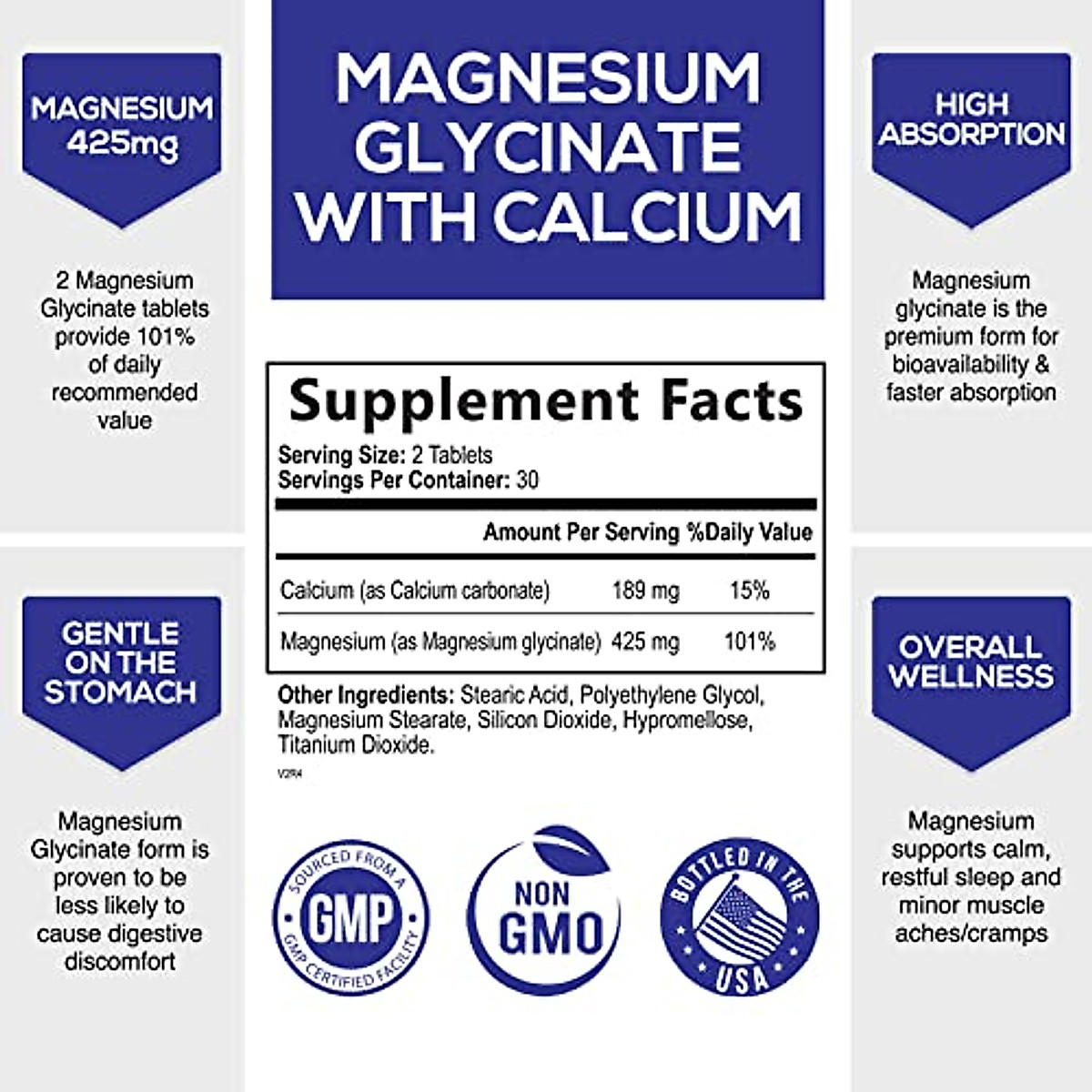 Magnesium Glycinate 425 mg with Calcium - Max Absorption Magnesium Tablets for Muscle, Nerve, Bone & Heart Health Support, Minor Muscle Cramp Support - Non-GMO, Vegan Supplement - 60 Tablets
