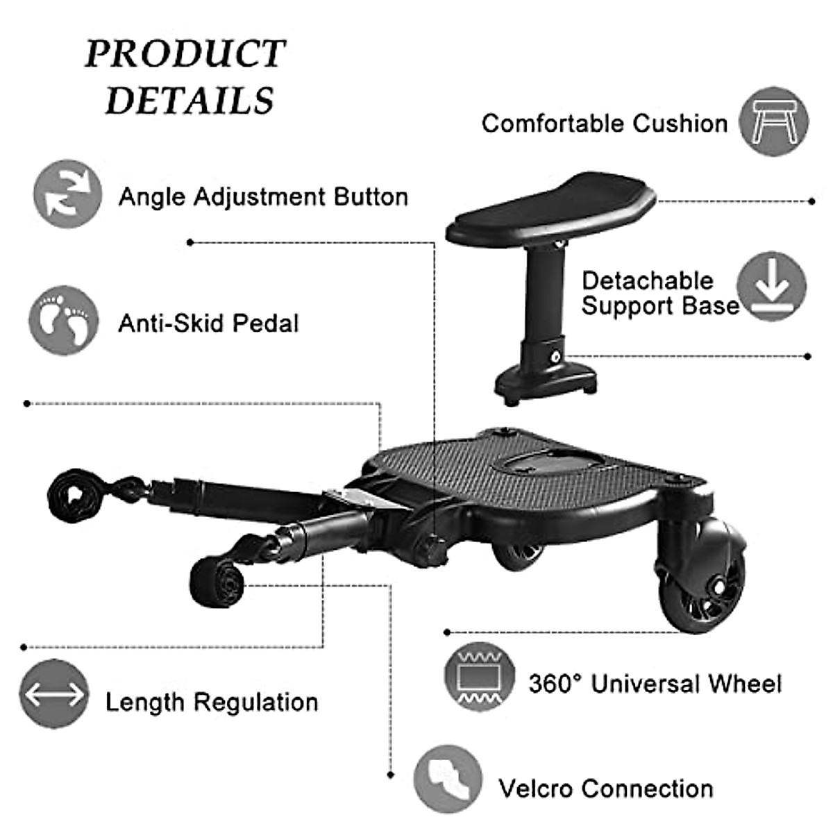 GemonExe Universal 2in1 Stroller Ride Board with Detachable Seat,Stroller Glider Board Suitable for Most Brands of Strollers, Holds Children Up to 55lbs