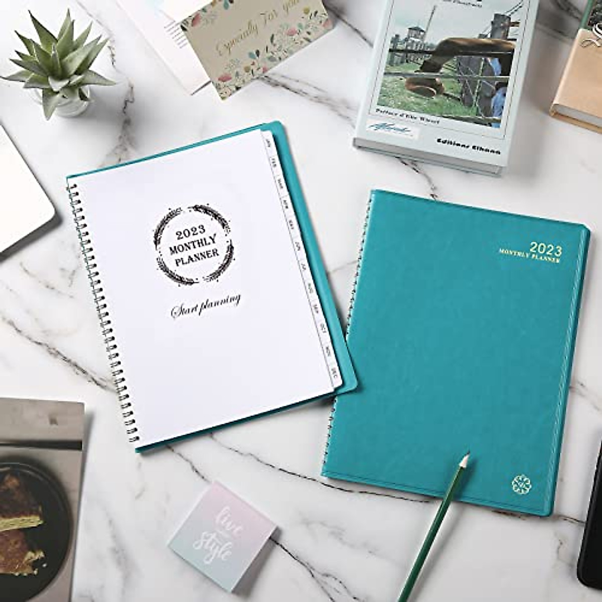 2023 Monthly Planner/Calendar - Monthly Planner from January 2023 - December 2023, Leather Calendar Planners with Tabs, Twin-Wire Binding and Double Side Clear Inner Pocket, 9" x 11", Plain/Blank Writing Blocks