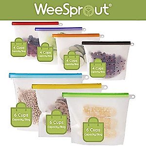 WEESPROUT 100% Silicone Reusable Food Storage Bags | Set of 6 Leakproof & Airtight Bags (Two 6 Cup, Two 4 Cup, and Two 2 Cup Bags) | Freezer & Microwave Safe ((Three) 6 cup, (Four) 4 Cup)