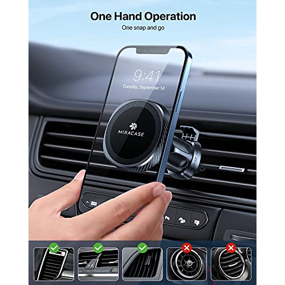 Miracase MagSafe Car Mount [16 Strongest Magnets] 2 in 1 Super Stable Dashboard & Air Vent Car Phone Mount Compatible with iPhone 14 13 12 Pro Max Plus Mini All Phones (Black)