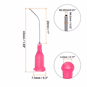 HARFINGTON 24pcs Blunt Tip Dispensing Needle 25 Gauge 1 Inch Screw Interface Bent Flow Design Bent Dispensing Tips with Luer Lock for Adhesive Glue Dispensing, Red