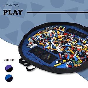 Lay-n-Go 4-in-1 Drawstring Toy Storage Organizer Mat - Durable Machine Washable Drawstring Bag for Lego & Other Toys - Easy-to-Clean Pull String Bag w/ 4 Mesh Pockets & Raised Lip (44”, Blue/Black)
