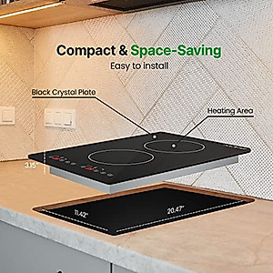 Induction Cooktop - 120V 2 Glass Induction Burner Zones with Adjustable Temperature Settings - 1800W Electric Induction Cooker with Digital Touch Sensor - Induction Hot plate - 20.47 by 11.42 inches