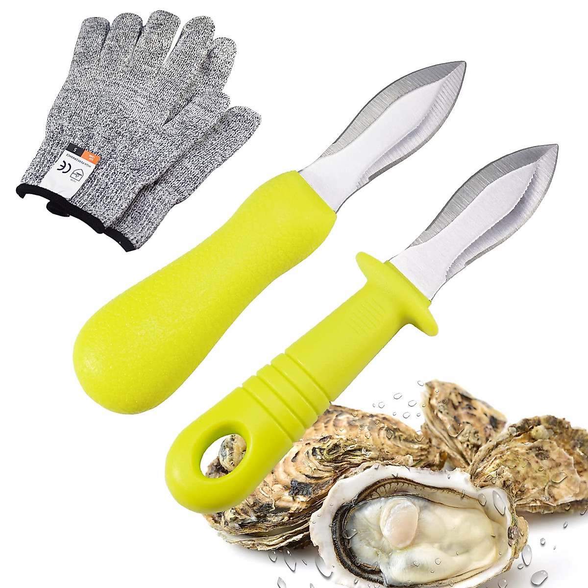 YIVCKOM Oyster Shucking Knife, Oyster Shucking Kit, Oyster Knife with Stainless Steel Blade and Non-slip Handle, Oyster Shucking Knife Set (2 Knives +2 Gloves)