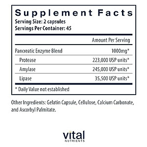Vital Nutrients Pancreatic Enzymes 1000mg (Full Strength) | Pancreatin Digestion Supplement with Protease, Amylase & Lipase | Digestive Enzymes | Gluten, Dairy, and Soy Free | 90 Capsules