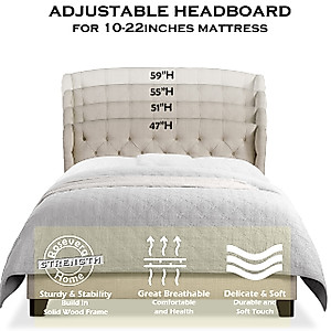 Rosevera Issac Bed with Signature Design Adjustable Headboard and Button Tufting Bed Frame,Queen,Classic Beige