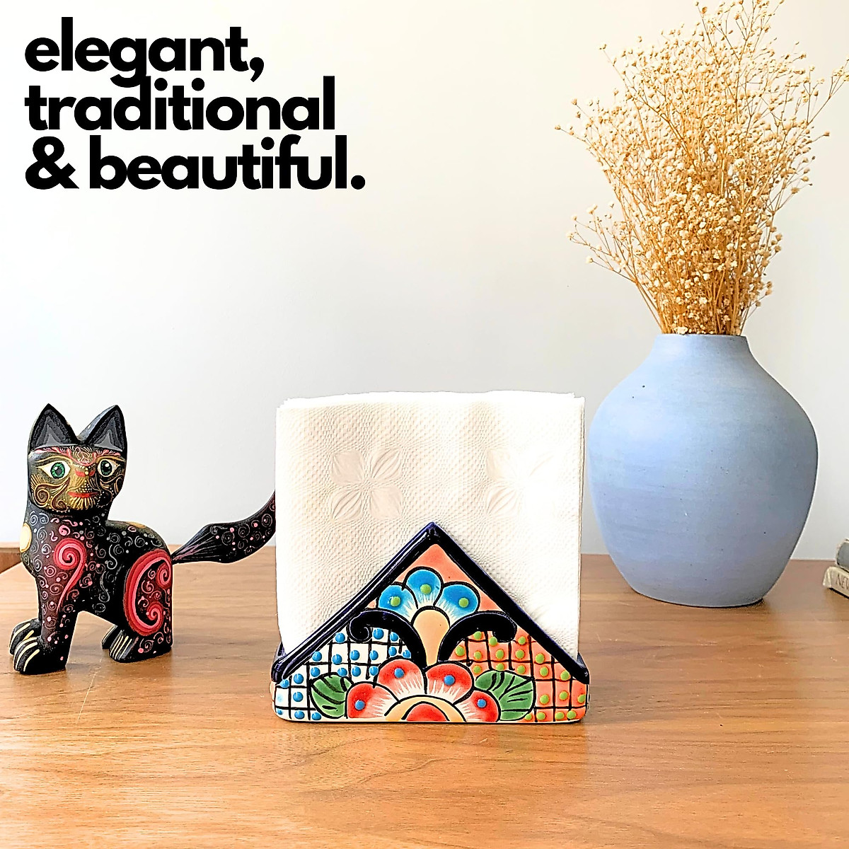 Ceramic Cocktail Napkin Holder - Authentic Mexican Pottery - for Kitchen Countertop | Dinner Table | Indoor & Outdoor Use Tissue and Letter Holder - Mexican Style Talavera Servilletero (Multicolor)