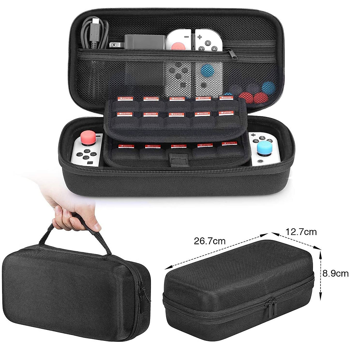 HEYSTOP Switch Case / Switch OLED Case Accessories Compatible with Nintendo Switch & OLED Model, Carry Case with Joycon Grip / PlayStand / Thumb Grips Caps for Nintendo Switch & OLED Model, Black