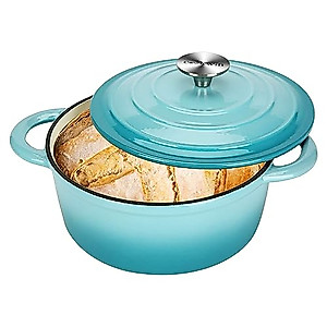 COOKWIN Enameled Cast Iron Dutch Oven, 5 QT Bread Baking Pot with Self Basting Lid, Non-stick Enamel Coated Cookware Pot, Great Christmas Gifts for Family, Teal